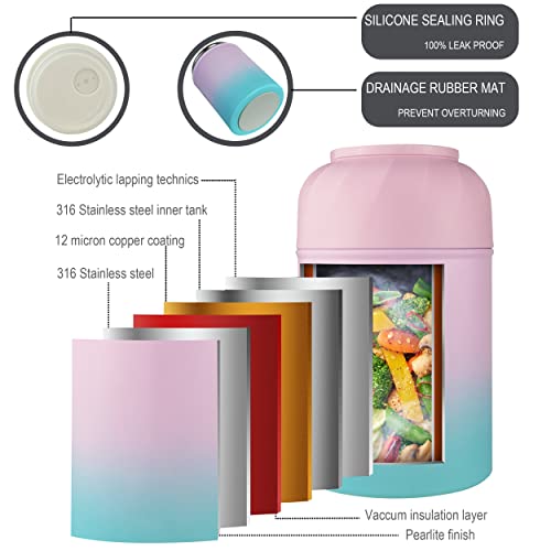 CocoMeiwei Thermos for Hot Food & Drinks, Thermos Lunch Box for Kids, 17oz Vacuum Insulated Food Container with Spoon&&Drawstring Bag, Soup Thermos for Adults, Pink&Green