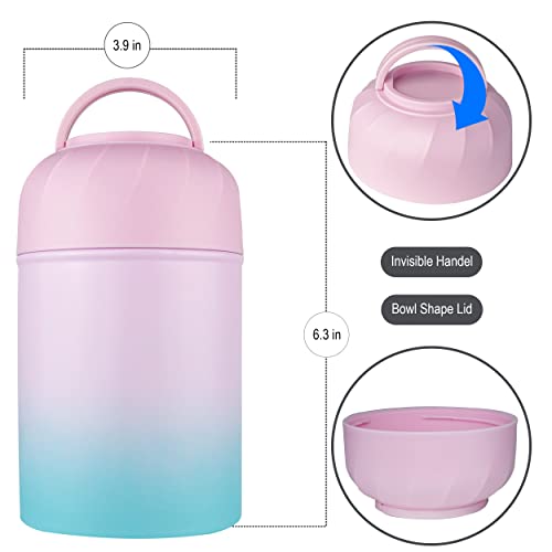 CocoMeiwei Thermos for Hot Food & Drinks, Thermos Lunch Box for Kids, 17oz Vacuum Insulated Food Container with Spoon&&Drawstring Bag, Soup Thermos for Adults, Pink&Green