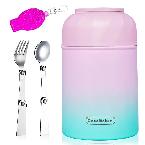 CocoMeiwei Thermos for Hot Food & Drinks, Thermos Lunch Box for Kids, 17oz Vacuum Insulated Food Container with Spoon&&Drawstring Bag, Soup Thermos for Adults, Pink&Green