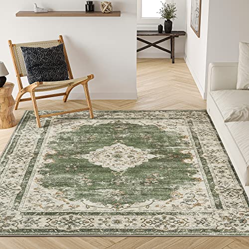 Valenrug Washable Rug 5x7 - Ultra Thin Green Collection Area Rug, Stain Resistant Non-Skid Rugs for Living Room, Persian Boho Bedroom Rugs(5'x7', TPR40-Green)