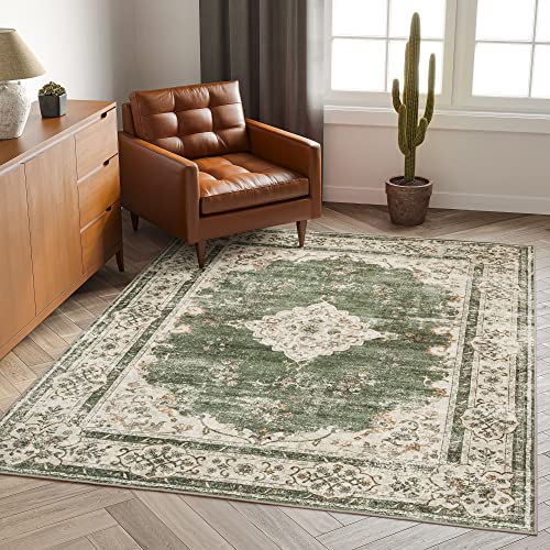 Valenrug Washable Rug 5x7 - Ultra Thin Green Collection Area Rug, Stain Resistant Non-Skid Rugs for Living Room, Persian Boho Bedroom Rugs(5'x7', TPR40-Green)