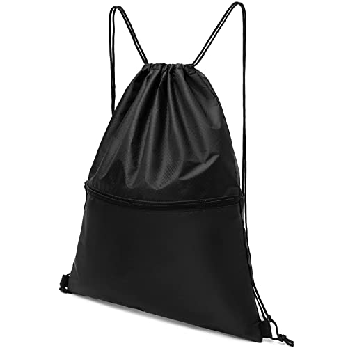 TEABAN Gym Drawstring Bag, Waterproof Drawstring Backpack with Zipper Pocket, Men's and Women's Fitness Drawstring Bag Swimming Bag, Black Large Capacity(19.3''x15.3'')