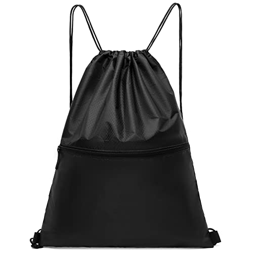 TEABAN Gym Drawstring Bag, Waterproof Drawstring Backpack with Zipper Pocket, Men's and Women's Fitness Drawstring Bag Swimming Bag, Black Large Capacity(19.3''x15.3'')