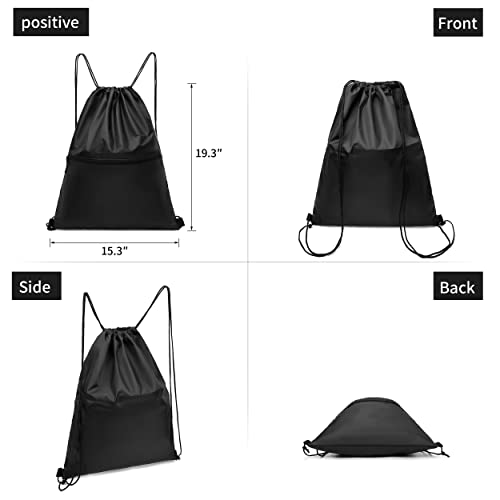 TEABAN Gym Drawstring Bag, Waterproof Drawstring Backpack with Zipper Pocket, Men's and Women's Fitness Drawstring Bag Swimming Bag, Black Large Capacity(19.3''x15.3'')