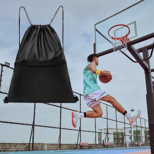 TEABAN Gym Drawstring Bag, Waterproof Drawstring Backpack with Zipper Pocket, Men's and Women's Fitness Drawstring Bag Swimming Bag, Black Large Capacity(19.3''x15.3'')