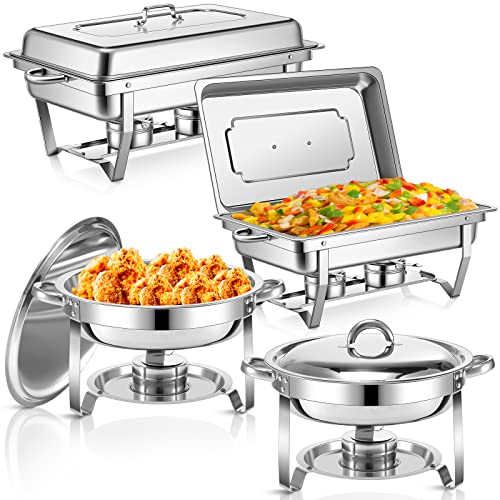 4 Pack Chafing Dish Buffet Set 9.5 Qt Rectangular Stainless Steel Chafers 3.7 Qt Round Chafing Dishes with Foldable Frame Full Size Pans Buffet Server Catering Warmer for Wedding Banquet Party Dinner