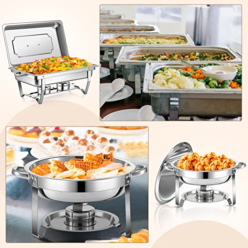 4 Pack Chafing Dish Buffet Set 9.5 Qt Rectangular Stainless Steel Chafers 3.7 Qt Round Chafing Dishes with Foldable Frame Full Size Pans Buffet Server Catering Warmer for Wedding Banquet Party Dinner