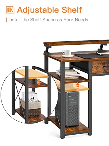 ODK Computer Desk with Drawers, 48 Inch Office Desk with Storage Bag & Shelves, Work Writing Desk with Monitor Stand Shelf, Rustic Brown Home Office Desks for Small Spaces