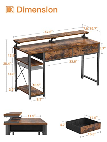 ODK Computer Desk with Drawers, 48 Inch Office Desk with Storage Bag & Shelves, Work Writing Desk with Monitor Stand Shelf, Rustic Brown Home Office Desks for Small Spaces