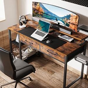 ODK Computer Desk with Drawers, 48 Inch Office Desk with Storage Bag & Shelves, Work Writing Desk with Monitor Stand Shelf, Rustic Brown Home Office Desks for Small Spaces