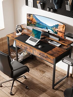 ODK Computer Desk with Drawers, 48 Inch Office Desk with Storage Bag & Shelves, Work Writing Desk with Monitor Stand Shelf, Rustic Brown Home Office Desks for Small Spaces