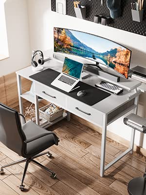 ODK Computer Desk with Drawers, 40 Inch Office Desk with Storage & Shelves, Work Writing Desk with Monitor Stand Shelf, White Home Office Desks for Small Spaces