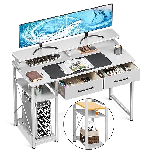 ODK Computer Desk with Drawers, 40 Inch Office Desk with Storage & Shelves, Work Writing Desk with Monitor Stand Shelf, White Home Office Desks for Small Spaces