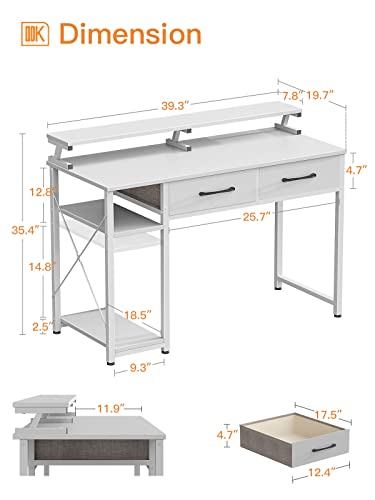 ODK Computer Desk with Drawers, 40 Inch Office Desk with Storage & Shelves, Work Writing Desk with Monitor Stand Shelf, White Home Office Desks for Small Spaces