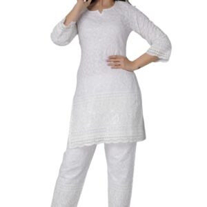 JG JAI GOVINDAM Chikankari Cotton Indian Kurtis for Women Summer Dresses Tunic Top Pant Set Pakistani Salwar Kameez Suit Set White-(X-Large)