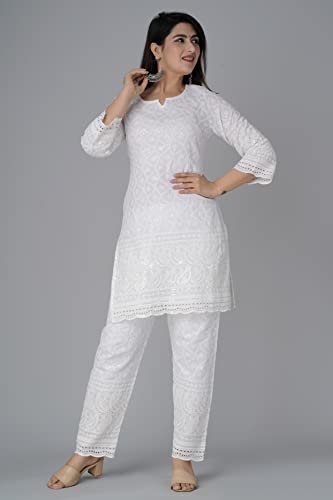 JG JAI GOVINDAM Chikankari Cotton Indian Kurtis for Women Summer Dresses Tunic Top Pant Set Pakistani Salwar Kameez Suit Set White-(X-Large)