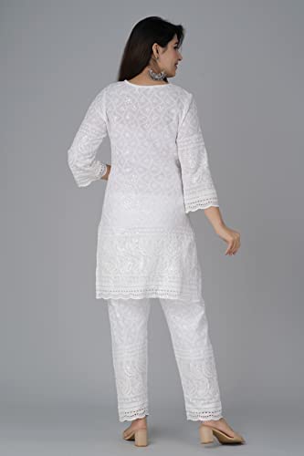 JG JAI GOVINDAM Chikankari Cotton Indian Kurtis for Women Summer Dresses Tunic Top Pant Set Pakistani Salwar Kameez Suit Set White-(X-Large)