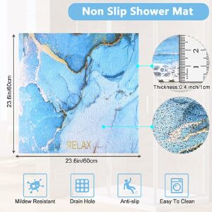 Square Shower Mat Non Slip, 24x24 inch, PVC Loofah Shower Floor Mat with Drain, Soft Comfort Bath Mat Massage Bathtub Mat for Shower, Bathroom, Quick Drying (24”x24”, Relax Waves)