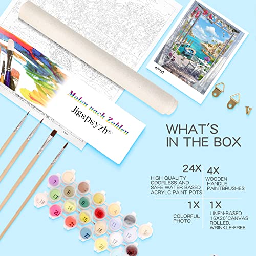 Wwwuscom Paint by Number for Adults Beginner Canvas Landscape Beach - Painting by Numbers Kits with 4 Brushes and Acrylic Paint(16X20 Inch)