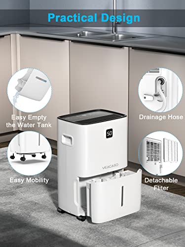 70 Pints Dehumidifiers for Home, VEAGASO 5,000 Sq.Ft Dehumidifier for Basement with Drain Hose, Large Room, Bathroom, Closet, Intelligent Humidity Control, 2023 Most Efficient, White