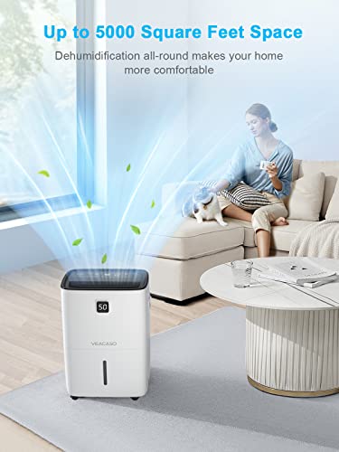 70 Pints Dehumidifiers for Home, VEAGASO 5,000 Sq.Ft Dehumidifier for Basement with Drain Hose, Large Room, Bathroom, Closet, Intelligent Humidity Control, 2023 Most Efficient, White