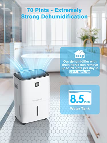 70 Pints Dehumidifiers for Home, VEAGASO 5,000 Sq.Ft Dehumidifier for Basement with Drain Hose, Large Room, Bathroom, Closet, Intelligent Humidity Control, 2023 Most Efficient, White