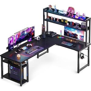 odk l shaped gaming desk with hutch, computer desk with storage shelves, 66" l shaped desk for home office, corner desk with headphone hook, black