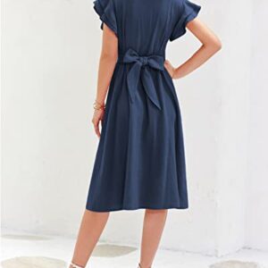 LAOCERENCE Womens Tea Party Elegant Midi Dress Ruffle Sleeves V Neck Slim Fit Tie Waist A line Dresses Summer Vocation Navy