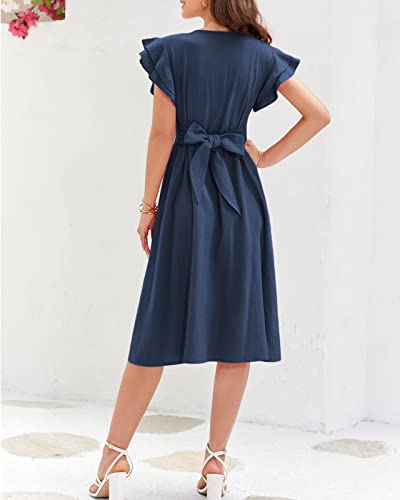 LAOCERENCE Womens Tea Party Elegant Midi Dress Ruffle Sleeves V Neck Slim Fit Tie Waist A line Dresses Summer Vocation Navy