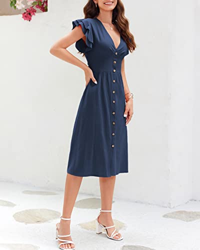 LAOCERENCE Womens Tea Party Elegant Midi Dress Ruffle Sleeves V Neck Slim Fit Tie Waist A line Dresses Summer Vocation Navy