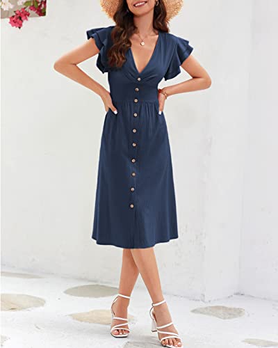 LAOCERENCE Womens Tea Party Elegant Midi Dress Ruffle Sleeves V Neck Slim Fit Tie Waist A line Dresses Summer Vocation Navy