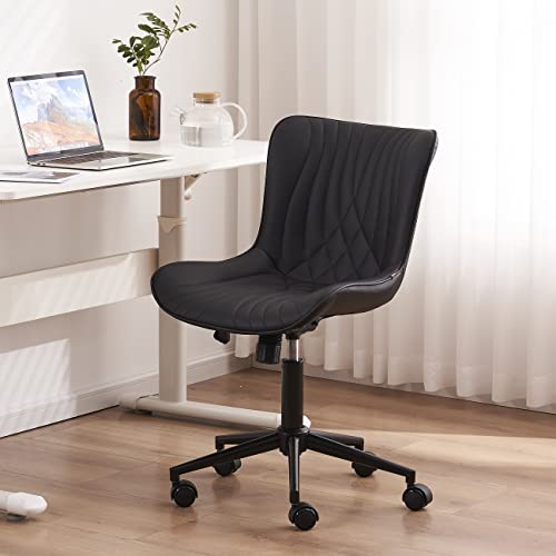 YOUTASTE Office Chair Modern Armless Desk Chair, Height Adjustable Swivel Rocking Computer Task Chair, Faux Leather Sewing Chairs with Wheels, Stylish Lounge Vanity Chair,Black