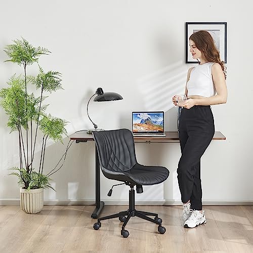 YOUTASTE Office Chair Modern Armless Desk Chair, Height Adjustable Swivel Rocking Computer Task Chair, Faux Leather Sewing Chairs with Wheels, Stylish Lounge Vanity Chair,Black