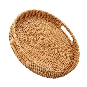 whalehub rattan round serving tray with handles, hand woven basket, home decor organizer tray for breakfast, tea, snack, fruit, coffee storage (large)