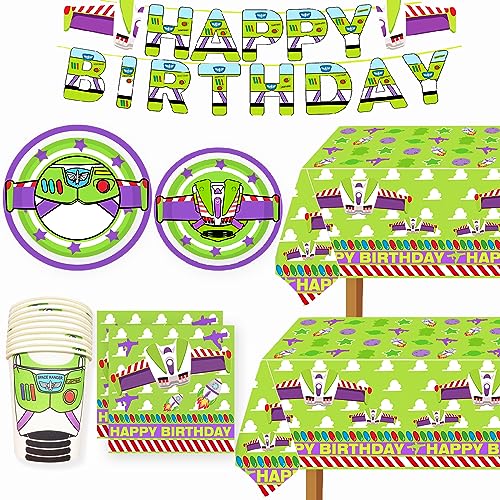 Light inspired Year Birthday Decorations Buzz Birthday Party Supplies include Banner Table Cloth Plate Napkins and Cups for Toy inspired Story 1st 2nd 3rd 4th 10th Bday,Serve 30 Guests