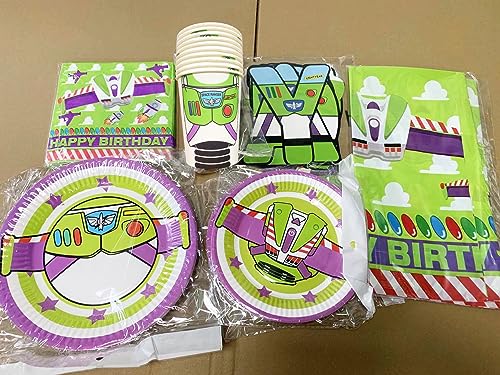 Light inspired Year Birthday Decorations Buzz Birthday Party Supplies include Banner Table Cloth Plate Napkins and Cups for Toy inspired Story 1st 2nd 3rd 4th 10th Bday,Serve 30 Guests