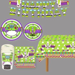 Light inspired Year Birthday Decorations Buzz Birthday Party Supplies include Banner Table Cloth Plate Napkins and Cups for Toy inspired Story 1st 2nd 3rd 4th 10th Bday,Serve 30 Guests