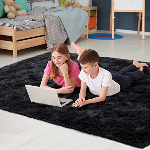 Noahas Fluffy Black Rugs for Bedroom,4x6 Shaggy Fuzzy Bedroom Rug Carpet,Soft Rug for Kids Room,Thick Area Rugs for Living Room,Plush Nursery Rug for Baby,Cute Room Decor for Girls Boys