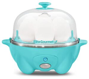 elite gourmet egc-007t# rapid egg cooker, 7 easy-to-peel, hard, medium, soft boiled eggs, poacher, omelet maker, auto shut-off, alarm, 16-recipe booklet, teal