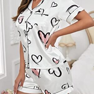 GORGLITTER Women's Silk Satin Pajamas Set Heart Print Loungewear Button Down Pj Shorts Sets White Medium