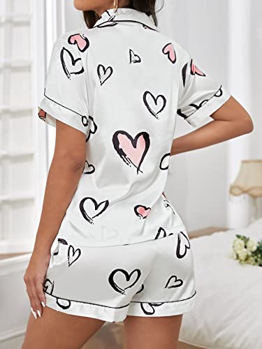 GORGLITTER Women's Silk Satin Pajamas Set Heart Print Loungewear Button Down Pj Shorts Sets White Medium