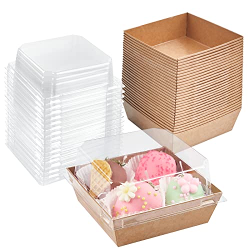 ZORRITA 50 Pack Paper Charcuterie Boxes with Clear Lids, 4 Inches Disposable Sandwich Boxes Square To Go Food Containers for Desserts, Strawberries, Cake Slice and Cookies (Brown)