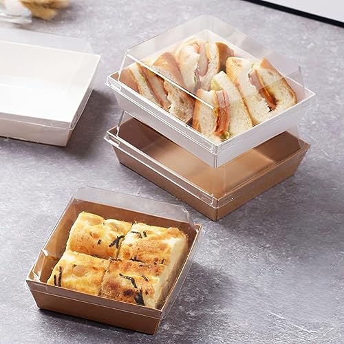 ZORRITA 50 Pack Paper Charcuterie Boxes with Clear Lids, 4 Inches Disposable Sandwich Boxes Square To Go Food Containers for Desserts, Strawberries, Cake Slice and Cookies (Brown)