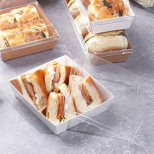 ZORRITA 50 Pack Paper Charcuterie Boxes with Clear Lids, 4 Inches Disposable Sandwich Boxes Square To Go Food Containers for Desserts, Strawberries, Cake Slice and Cookies (Brown)