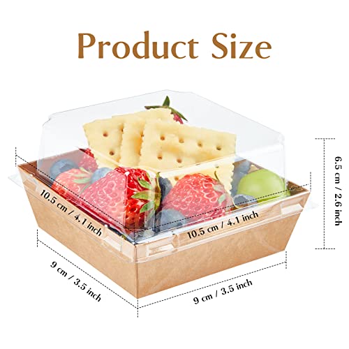 ZORRITA 50 Pack Paper Charcuterie Boxes with Clear Lids, 4 Inches Disposable Sandwich Boxes Square To Go Food Containers for Desserts, Strawberries, Cake Slice and Cookies (Brown)