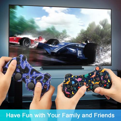 OUBANG 2 Pack Remotes Work for PS3 Controller Wireless, Cool Blue Gamepad Compatible with Playstation 3 Controller, Wireless Game Control for PS3 with Upgraded Joystick, Pa3 Controllers for PS3 Gift