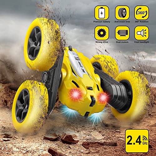 BTEC Remote Control Car for Kids, Rc Stunt Cars with Double Sided 360° Rotating Drift Rc Car for Boys 4-6 6-8 8-12 (Yellow)