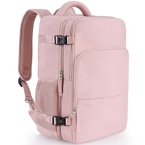 Snoffic Durable Carry On Backpack, Travel Backpack for Women Airline Approved, Large Waterproof College Backpack, Business Work Hiking Casual Daypack Bag, Fits 16" Laptop, Pink