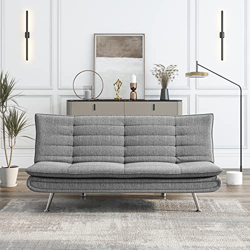 Modern Convertible Futon Sofa Bed, Folding Couch Bed with Metal Legs and Cotton Linen Fabric for Studio Apartment Office, Gray