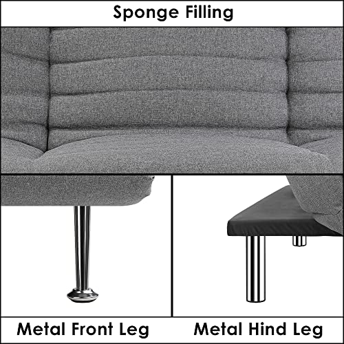 Modern Convertible Futon Sofa Bed, Folding Couch Bed with Metal Legs and Cotton Linen Fabric for Studio Apartment Office, Gray